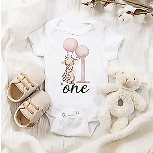 Giraffe Birthday Shirt, Safari First Birthday Outfit for Girl, One Birthday Shirt Baby Girl (12M Short Sleeve White T-Shirt)