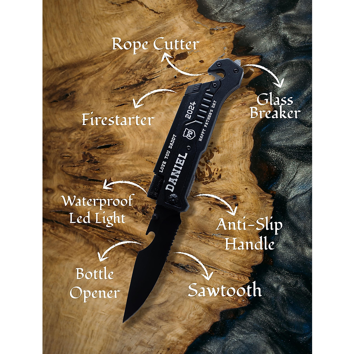 Home and Plan Personalized Engraved Pocket Knife for Dad, Black - Custom Pocket Knives as Father's Day Gift for Dad with Velvet Pouch