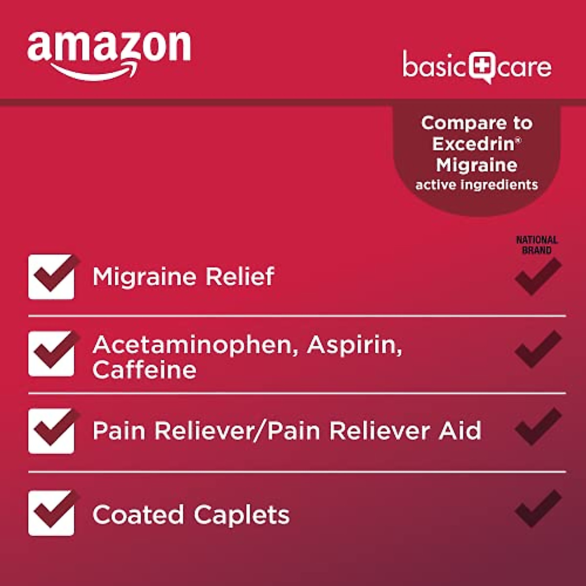 Amazon Basic Care Migraine Relief, Acetaminophen, Aspirin (NSAID) and Caffeine Tablets, Migraine Headache Relief, Pain Reliever/Pain Reliever Aid, 200 Count