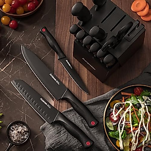 Astercook 15 Piece Knife Set with Sharpener Block - German Stainless Steel, Dishwasher Safe Kitchen Knives with Built-In Sharpener, Black