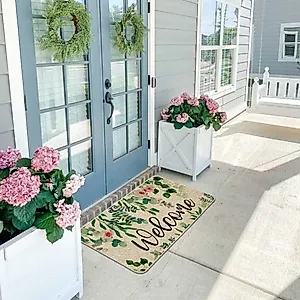 ORTIGIA Welcome Doormat Spring Summer Eucalyptus Leaves Floral Doormat Outdoor Outside Indoor Entrance Mat Non-Slip Durable Absorbent Easy Clean Entryway 17x29.5 Inch