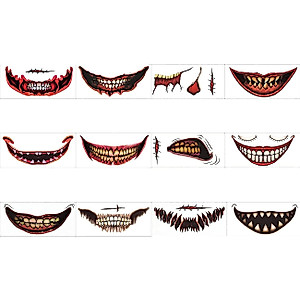 Aaiffey 12PCS Halloween Clown Horror Mouth Tattoo Stickers,Halloween Temporary Tattoos Face Decals Prank Props for Halloween Cosplay Party Decorations