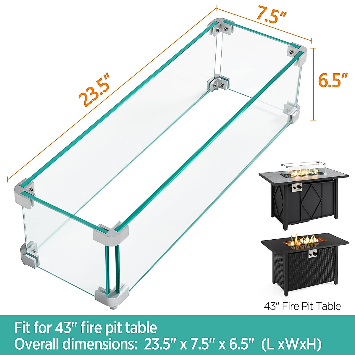 Yaheetech 43 inch 50,000 BTU Outdoor Propane Gas Fire Pit Table with Glass Wind Guard, Tempered Glass Tabletop, Rattan Wicker Base and Rain Cover, Rectangle Gas Firepits w/Blue Glass Stones, Black