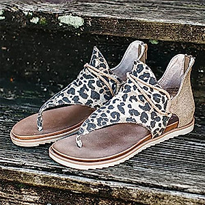 Bomden Womens Sandals, Flat Sole, Leopard Printed, Back Zipper, Summer Clip-Toe Shoes Comfy Sandals Flats Casual Beach Plus Size Flops Slippers Shoes, Khaki, Size:39 US:8 Foot Length:24.5cm9.65 inch