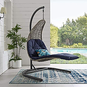 Modway Landscape Wicker Rattan Outdoor Patio Porch Chaise Lounge Hanging Swing Chair Set with Stand in Light Gray Navy