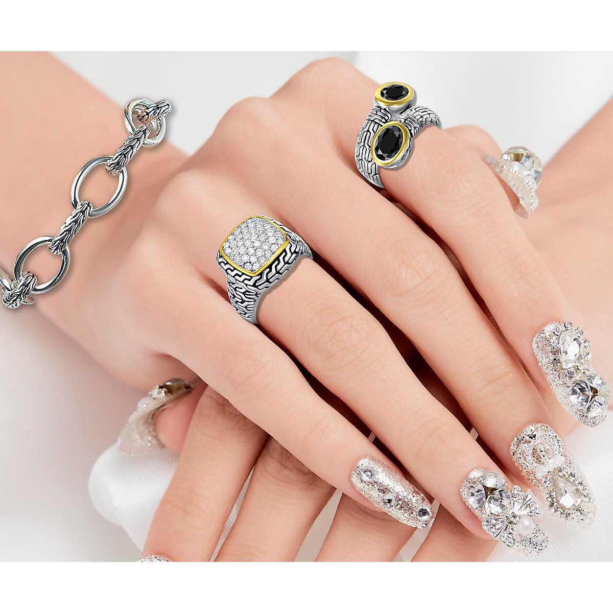 UNY JEWEL Jewelry Ring Multi Strand Foxtail Chain Woven Pattern Inlay 6 by 8 Oval CZ Vintage Antique Two Tone Elegant Designer Inspired Ring (Size 9 Black)