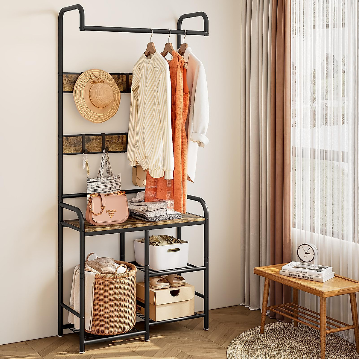 SUOERNUO Coat Rack Hall Tree with Shoe Storage Bench for 3-in-1 Entryway Hall Tree with 8 Removable Hooks, 28.27 x 12.2 x 72.83 Inches (28.27 Inch)