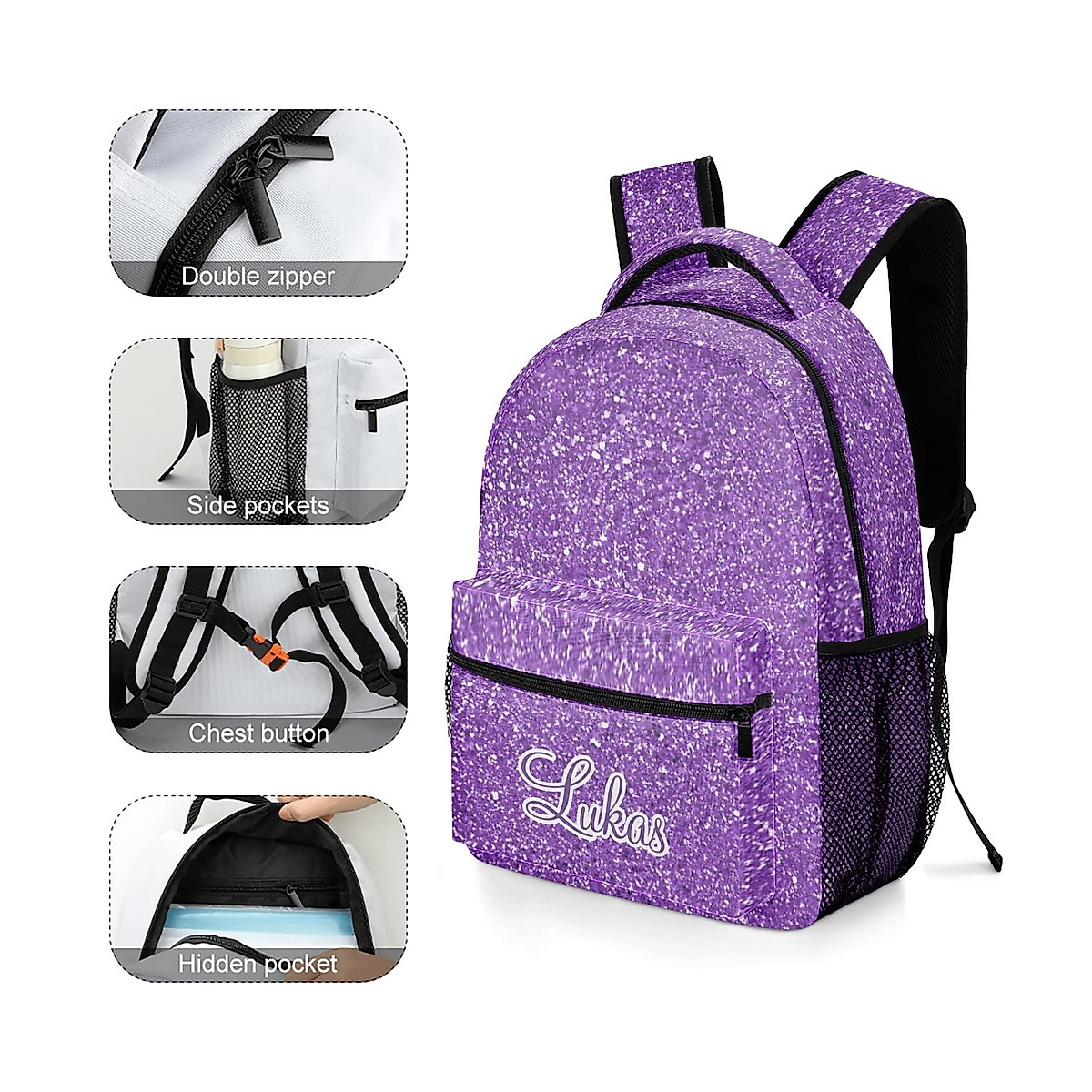 SunFancy, Purple Glitter Personalized School Backpack for Kid-Boy /Girl Primary Daypack Travel Bookbag, K10255, 12.2In(L)x5.9In(W)x16.5In(H)