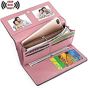 UTO-Wallet-for-Women Large Capacity PU Leather Pink Card Holder Phone Case Zipper Pocket Purse Clutch 204 (Pink)