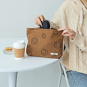 GUTGNK Makeup bag for Women, Corduroy Cosmetic Bag Aesthetic Design Ladies Tote Bag,Cute Smiley Face Makeup Organizer with Zipper - Brown