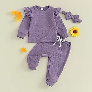 Newborn Baby Girl Clothes Daisy Outfit Long Sleeve Sweashirt Tees Tops Pants Infant Toddler Girl Fall Winter Clothes (Solid-Purple, 12-18 Months)