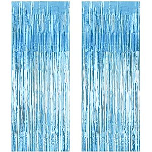 2 Pack 3.3 ft x 9.8 ft Foil Curtains Metallic Fringe Curtains Shimmer Curtain Photo Backdrop for Halloween Christmas Birthday Party Wedding Deco (Pale Blue)