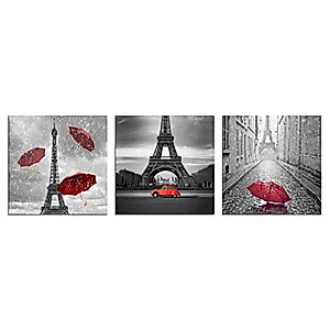 NAN Wind 3 Pcs Paris Canvas Prints Black and White Canvas with Red Umbrella Eiffel Tower Decor Red Car Red Wall Art Paintings on Canvas Stretched and Framed Ready to Hang for Home Decor