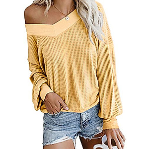 FEIYOUNG Women's Henley Sweater Shirts Slash V Neck Long Sleeve Loose Fit Pullover Tops Knit Tees (XX-Large, Yellow)