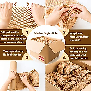 Honeycomb Packing Paper, 15" x 180' Recyclable Cushion Packing Paper for Moving Shipping Packaging Breakables, Eco Friendly Bubble Wrap Alternative Roll Kraft Honeycomb Paper with 20 Fragile Stickers