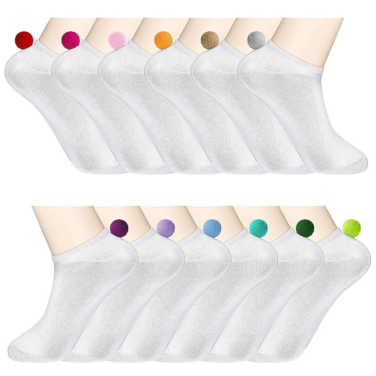 Geyoga 12 Pairs White Ankle Socks with Pom Pom Balls Lowcut Pom Pom Performance Socks Seamless Soft Low Cut Socks Athletic Socks (Multicolor)