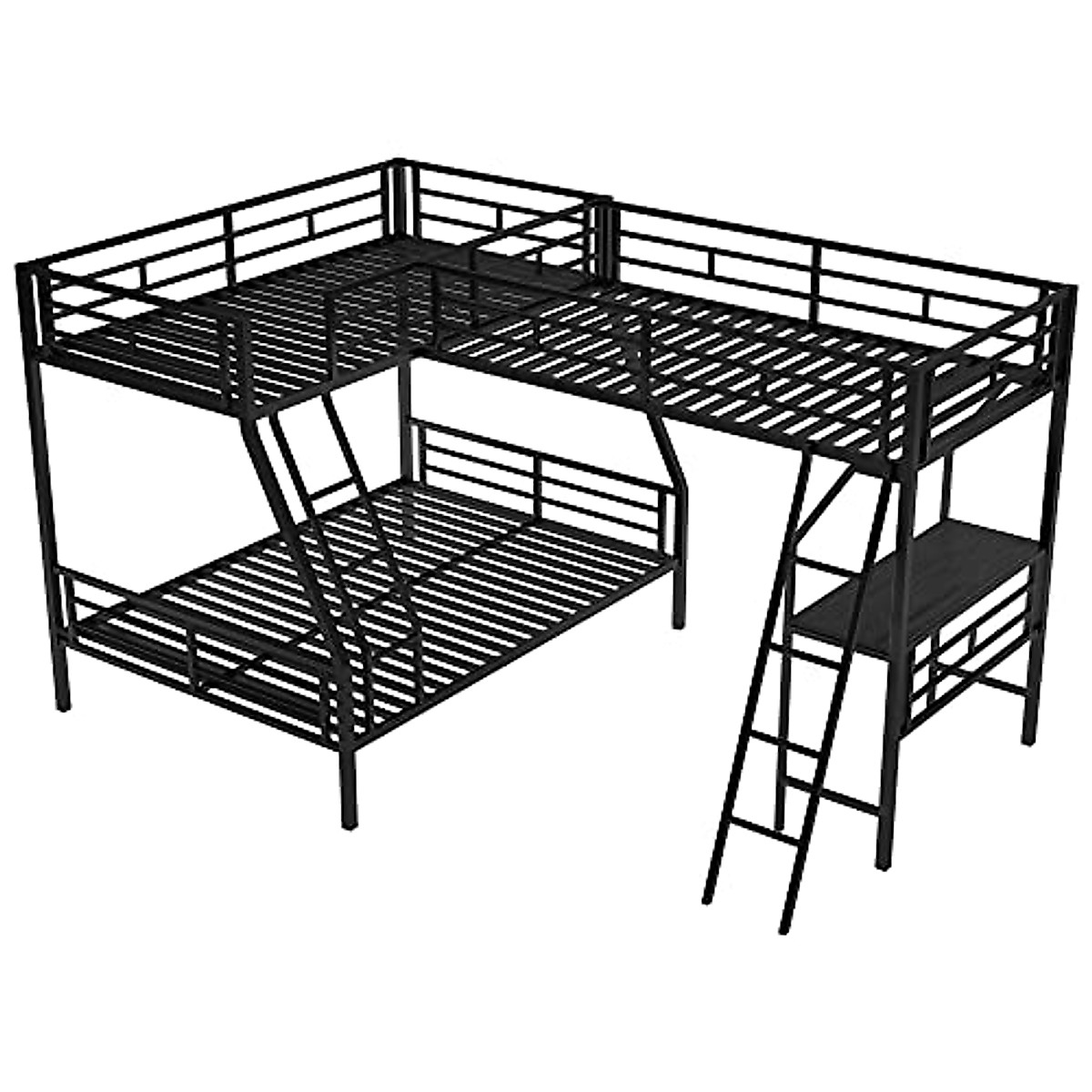 DEYOBED Twin & Twin Over Full L-Shaped Metal Triple Bed Bunk Bed with Twin Size Loft Bed Desk for 3 Kids Teens