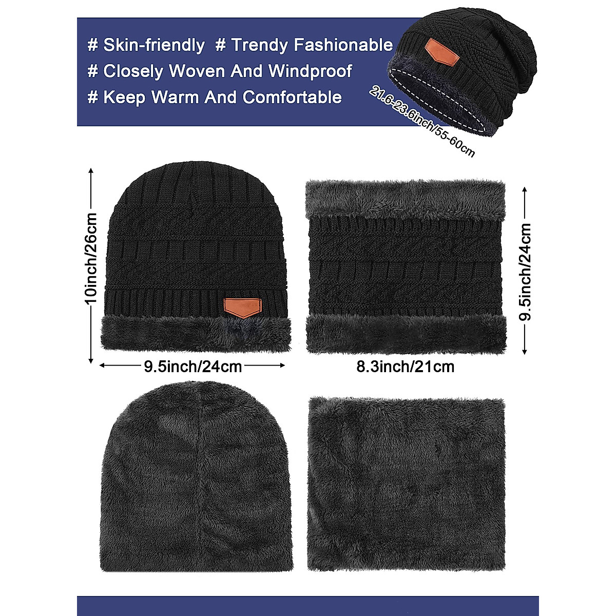 24 Pcs Winter Hat Scarf Gloves Socks Set Slouchy Knit Skull Cap Beanies Fleece Lined Knitted Hat Fleece Lining Neck Warmer Neck Gaiter Warm Sock for Women Men Cold Weather, Multicolor