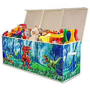 Toy To Enjoy Kids Toy Box - Large Stuffed Animal Storage, Collapsible Toy Chest Bin, Durable Fabric Toy Box for Boys & Girls - Storage Basket with Lid & Removable Inserts, 38x13x15 Inches (Dinosaur)