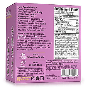 SAGA Spotlight Mushroom Energy Shots, Nootropic & Adaptogen Brain Focus, Cognitive Supplement Functional Beverage with Organic Lion’s Mane, Cordyceps, Gingko and Bacopa, Vegan, Exotic Guava, 6 Pack