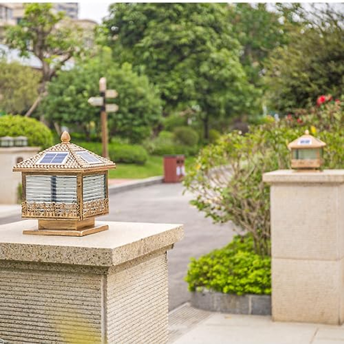 LED Outdoor Solar Post Light Square European Retro Waterproof Column Lights Square Remote Control 3-Color Dimming Pillar Lantern Acrylic Striped Lamp Shade Bronze Doorway Pole Light
