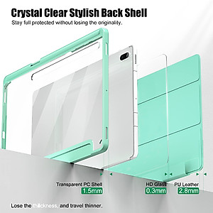 QitayoLife Hybrid Slim Case for Galaxy Tab S7 FE with Screen Protector, Clear Transparent Shockproof Back Cover with S Pen Holder Auto Wake/Sleep for Samsung Galaxy Tab S7 FE 12.4 Inch (Tea Green)