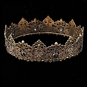 King Men Tiara Crown Imperial Medieval Headband Crystal Pageant Costumes For Birthday Party Prom Halloween Hair Accessories (Dark Gold With Black Stone)