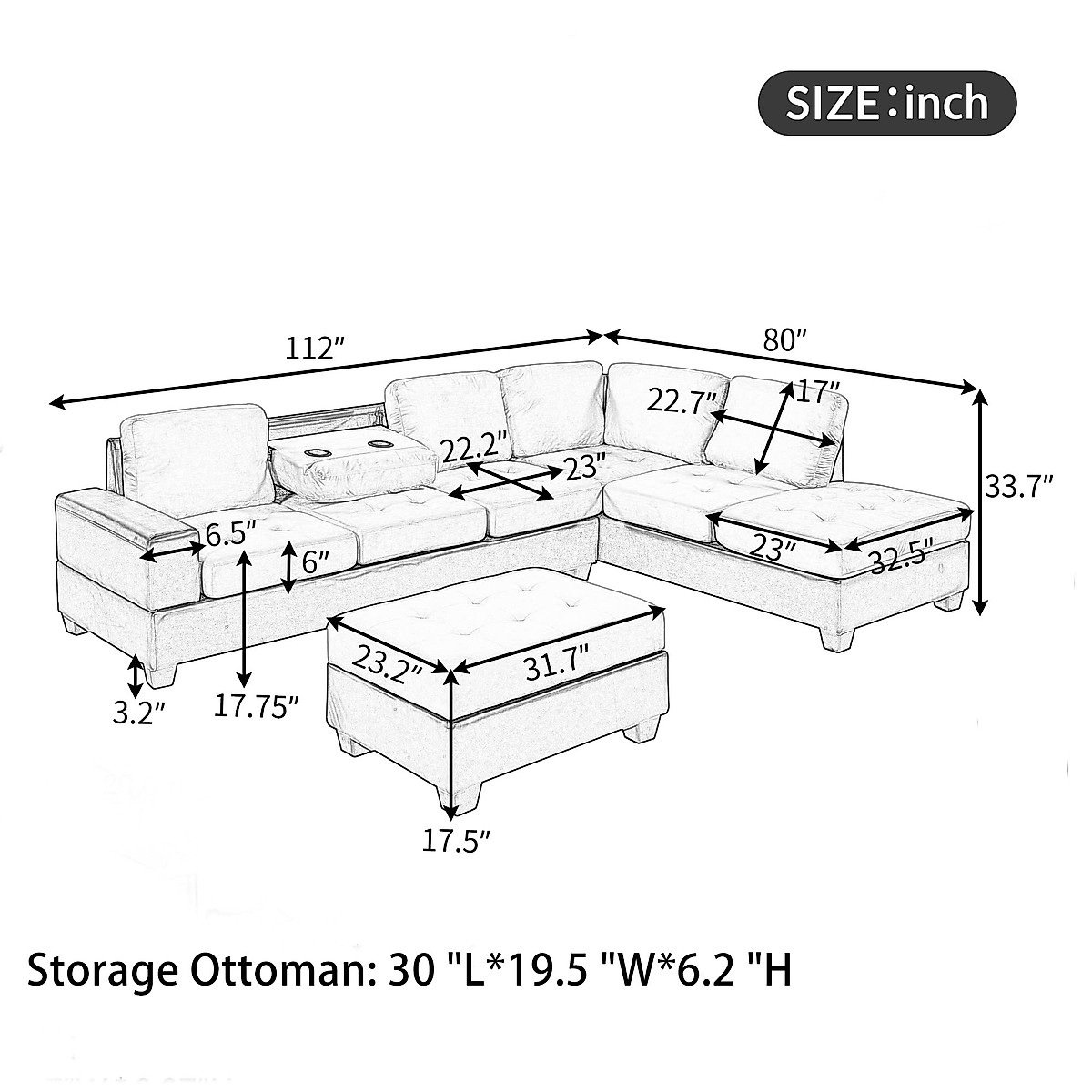 P PURLOVE Modern Sectional Sofa, Reversible Sectional Sofa with Storage Ottoman, L Shaped Couch Set with Reversible Chaise and Two Cup Holders, for Living Room Apartment, Black