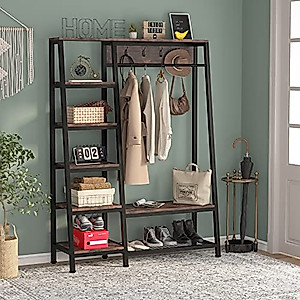 Tribesigns Industrial Entryway Hall Trees with Hooks, Storage Shelves and Shoes Bench, Freestanding Closet Organizer Clothes Rack with Coat Rack, Closet Garments Shelf for Hallway, Bedroom