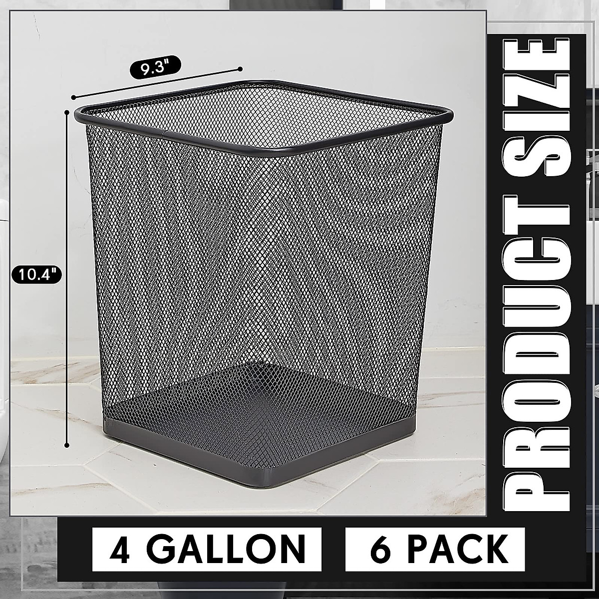 6 Pcs Black Mesh Trash Can 4 Gallon Wastebasket Square Trash Can Metal Wire Office Garbage Cans Lightweight Trash Bin for Bedroom Recycling Bin for Under Desk Bathroom Kitchen Home Dorm Living Room
