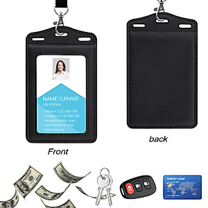 Badge Holder Trifold,PU Leather ID Card Holder with Clear ID Window and Detachable Badge Lanyard for Business,Worker,Student,Black
