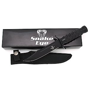 Snake Eye Tactical Fixed Blade Hunting Knife w/Survival Kit & Sheath Camping Fishing Matches Fish hooks Needles Compass (BLACK)