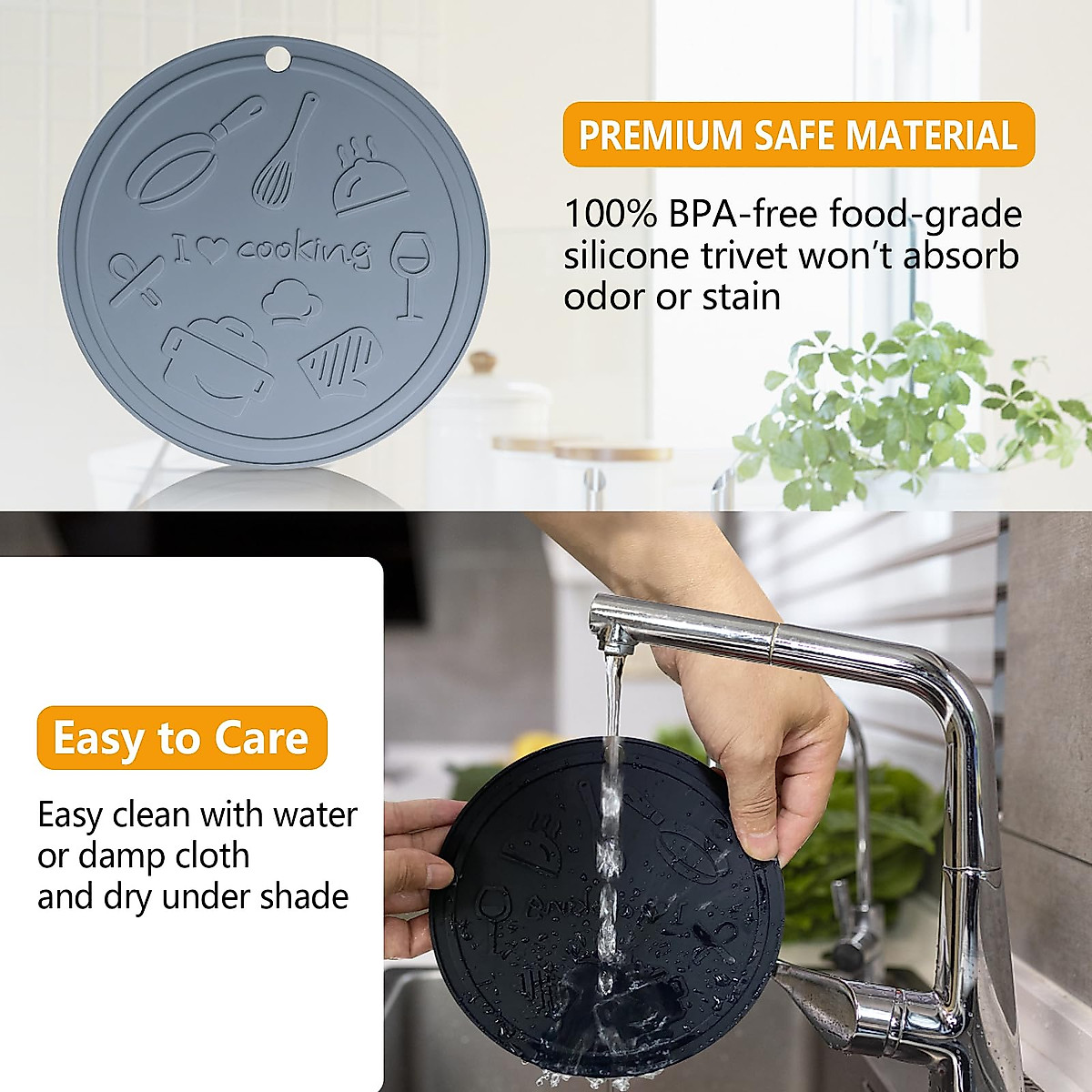 Silicone Trivet Mats - 3 Heat Resistant Pot Holders, Silicone Pot Holders for Hot Pots and Pans, Silicone Mats for Kitchen Countertops, Table, Food Grade Silicone（Black & Gray）