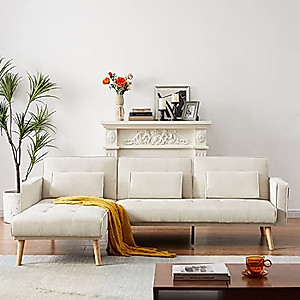 Antetek Convertible Linen Futon Sofa Bed, L-Shaped Sectional Sofa Couch with Left Chaise, Adjustable Backrest & 3 Toss Pillows, Mid-Century Modern Modular Sofa, Living Room Furniture Set (Beige)