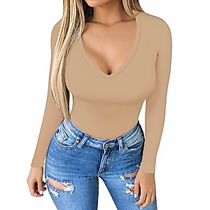 MANGOPOP Deep V Neck Short Sleeve Long Sleeve Tops Sexy Bodysuit for Women Clothing (Long Sleeve Mocha, XX-Large)