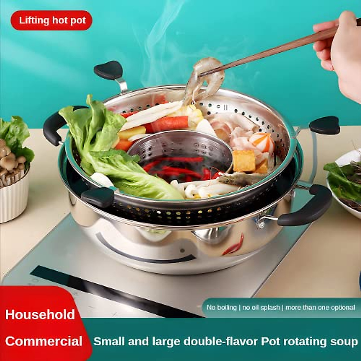 TJHamaipi Stainless Steel Rotary Lift Hot Pot, Shabu Pot, Boil Pot, Suitable for 2-6 People, 7QT Capacity, Iindependent Filter, Thickened Steel, Suitable For Gas Induction Cooker