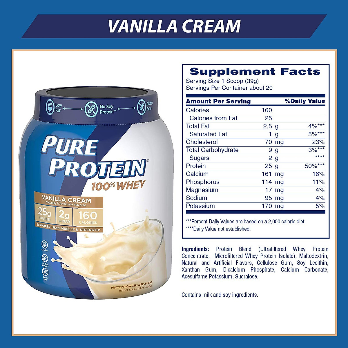 Whey Protein Powder by Pure Protein, Gluten Free, Vanilla Cream, 1.75lbs, 2 Pack