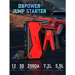 DBPOWER Peak 2000A 18000mAh Portable Car Jump Starter (up to 7.2L Gas, 5.5L Diesel Engine) Battery Booster with Smart Charging Port, Compass, LCD Screen and LED Light (Black/Red)
