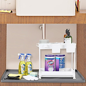 AUMAYCO Under Sink Mat for Kitchen Cabinet Silicone Waterproof 31'' x 22'', Under Sink Tray for Drips, Leaks, Spills, Unique Design Cabinet Protector Mats for Kitchen & Bathroom, Dark Grey