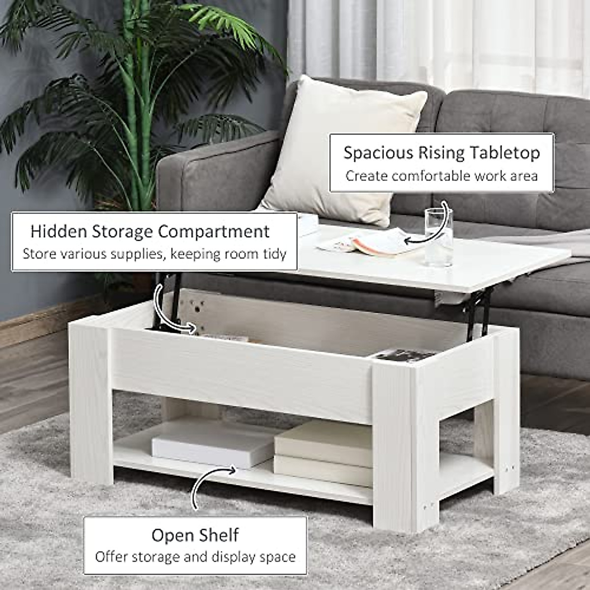 HOMCOM 39" Lift Top Coffee Table with Hidden Storage Compartment and Open Shelf, Pop Up Coffee Table for Living Room, White