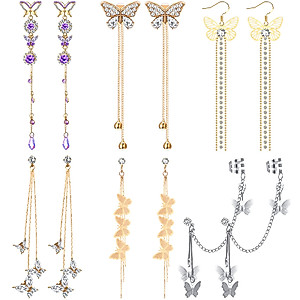 6 Pairs Butterfly Cuff Tassel Chain Earrings Cute Butterfly Stud Drop Dangle Earrings Long Crystal Butterfly Earrings Jewelry Butterfly Purple Rhinestones Statement Charm for Women Girl (Silver, Gold)