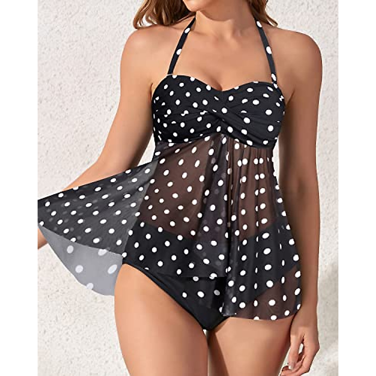 Tempt Me Womens Black Polka Dot Two Piece Bathing Suits Halter Bandeau Tankini Top Flyaway Swimsuit with Bottoms Tummy Control Swimwear L