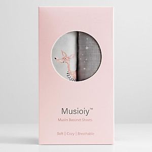 Musioiy Muslin Bassinet Sheets for Baby Girls and Boys, Soft & Breathable Cotton Bed Oval, Hourglass Rectangular Cradle Mattress, 2 Pack,(Animal Print Stars, White Grey (CRIB202305)