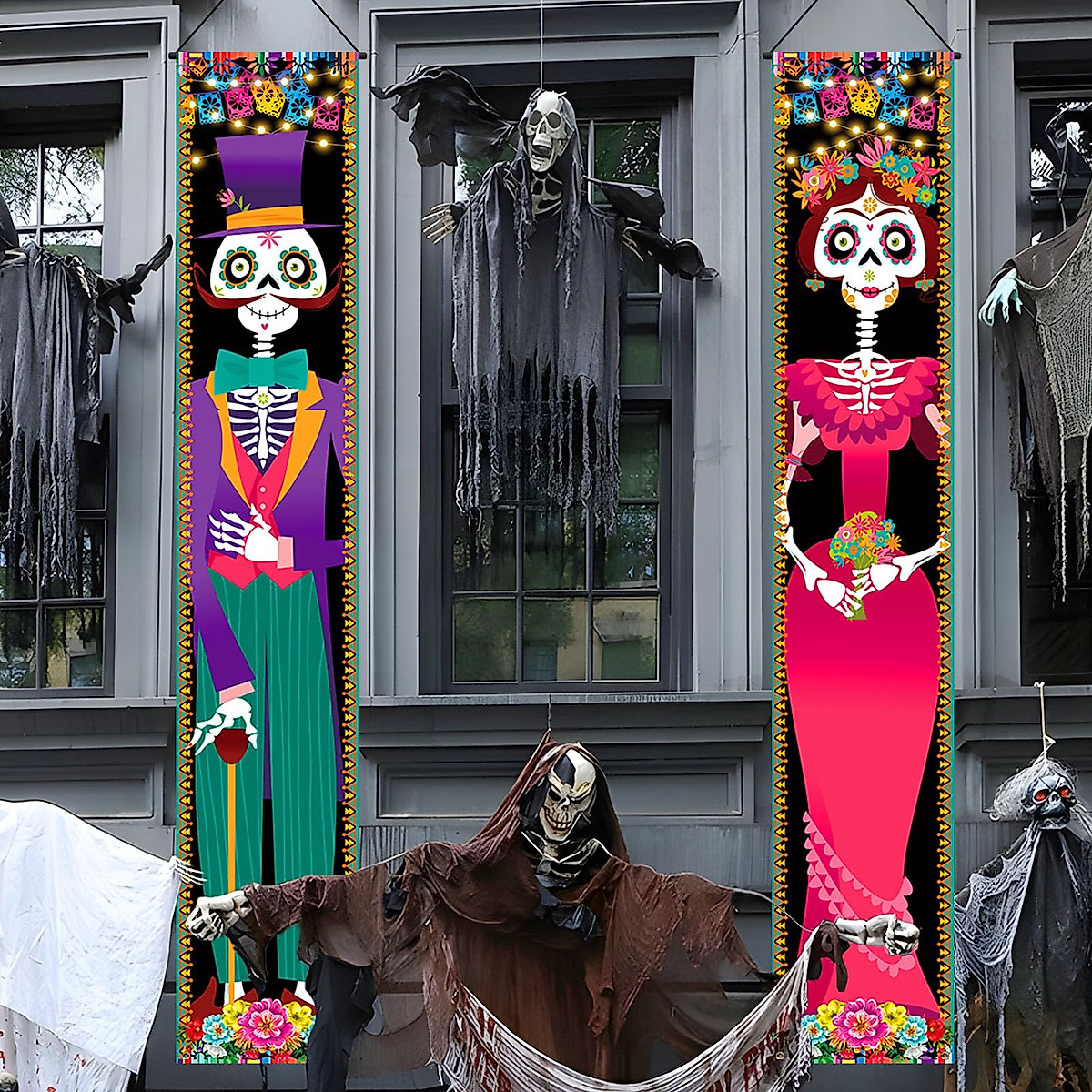 iPartycool Day of The Dead Decorations, Day of The Dead Porch Sign Door Banner, Halloween Costume Mexico Dia De Los Muertos Party Supplies Decorations Flag Welcome Hanging Home Wall Decor Background