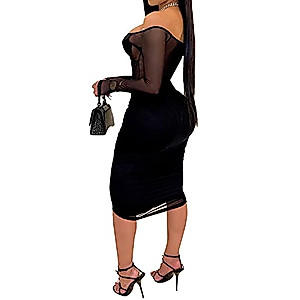 Uni Clau Women Sexy V Neck Mesh Patchwork Bodycon Dress Off Shouler See Through Long Sleeve Bodycon Dress Midi Party Club Dress Black L