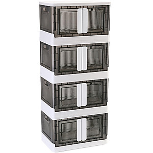 Sea Team 4-Pack Stackable Plastic Storage Bins with Lids, 8.4 Gal Collapsible Closet Organizers, Lidded Large Storage Baskets with Wheels Doors and Handles, White