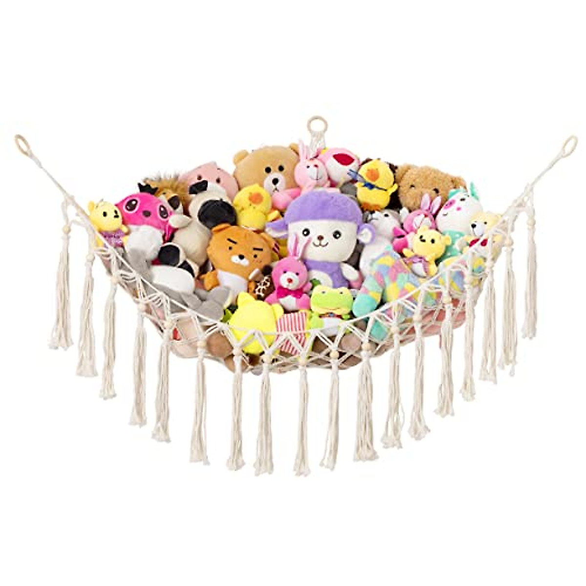 Vorey Stuffed Animal Storage Macrame Stuffed Animal Net or Hammock Toy Hammock Stuffed Animal Holder Hanging Stuffed Animal Organizer Plushie Net for Stuffed Animals Corner, Beige