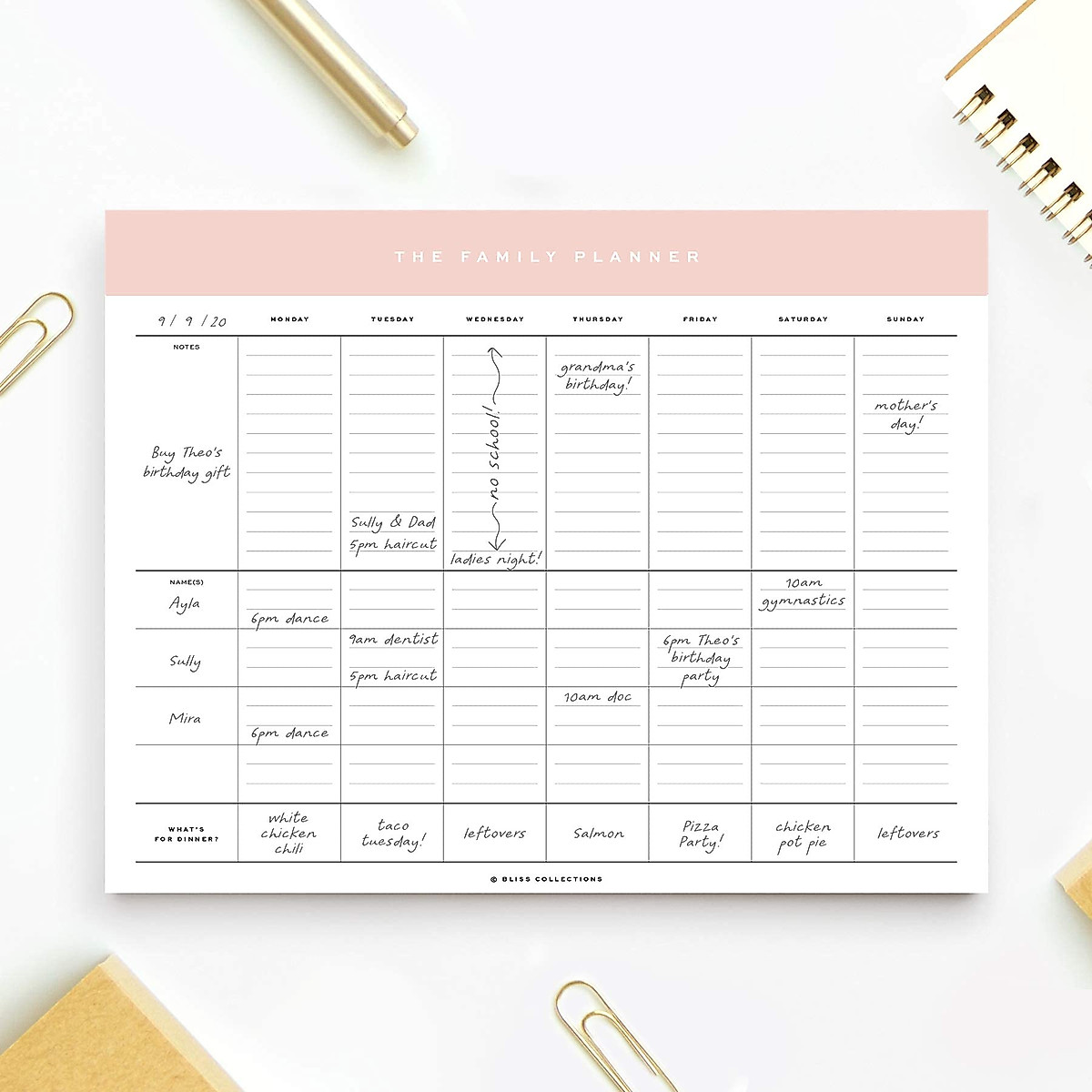 Bliss Collections Family Planner with 50 Undated 8.5 x 11 Tear-Off Sheets - Simple Pink Daily and Weekly Calendar for Planning and Organizing Family Activities, Appointments, Tasks, Chores and Meals