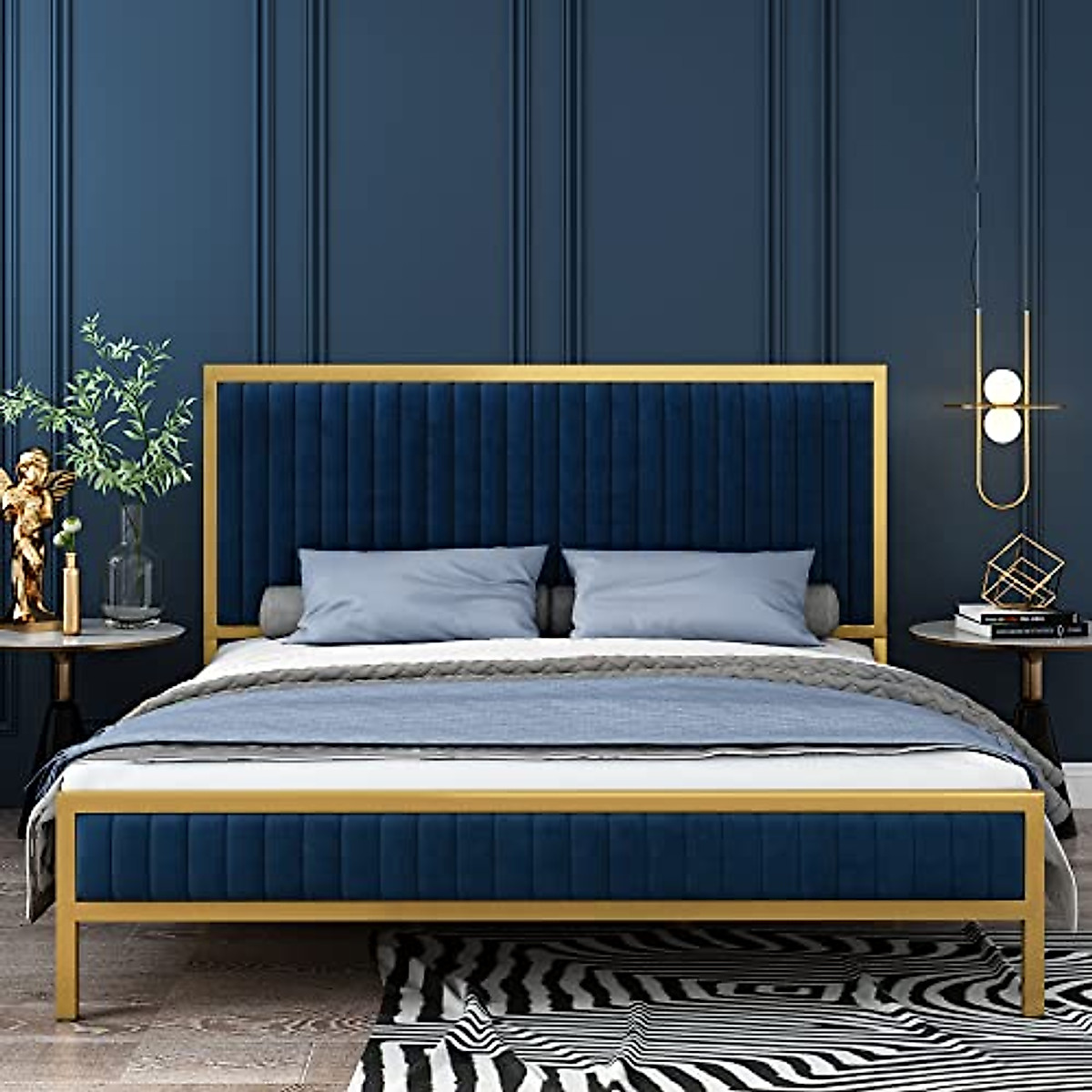 HIFIT Bed Frame Queen Size, Queen Bed Frame with Headboard, Heavy Duty Metal Foundation, Upholstered Bed Frame with Velvet Tufted Headboard, Wood Slat Support, No Box Spring Needed, Gold & Navy Blue