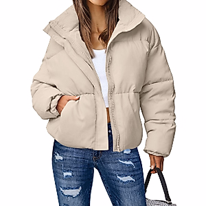 MEROKEETY Women's Winter Long Sleeve Zip Puffer Jacket Stand Collar Baggy Short Coats with Pockets, LightKhaki, XS
